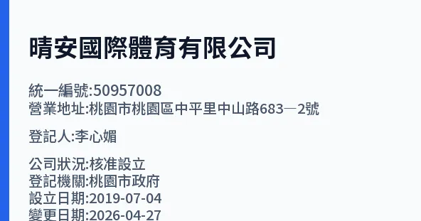 晴安國際體育有限公司的照片-統編 50957008(桃園市) 公司登記資料與營業項目詳細圖表