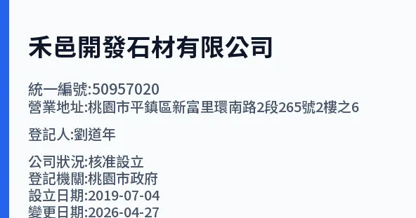 禾邑開發石材有限公司的照片-統編 50957020(桃園市) 公司登記資料與營業項目詳細圖表