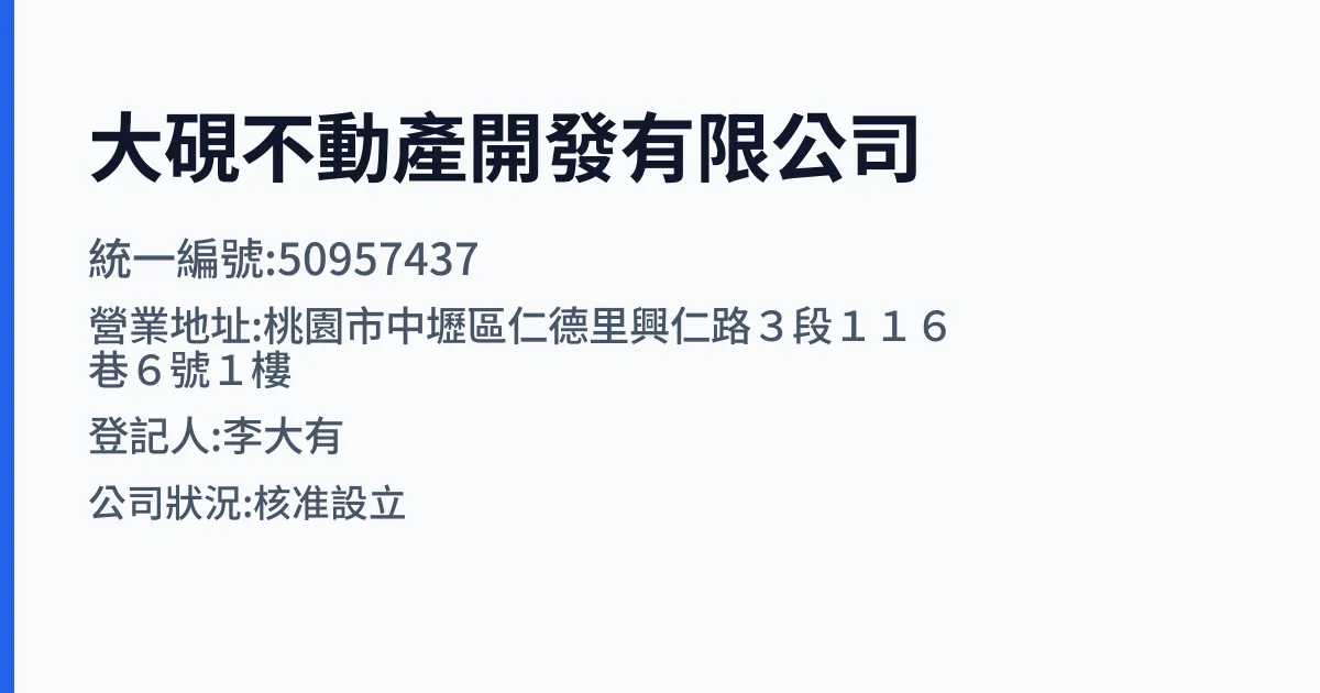 大硯不動產開發有限公司 - 統編 50957437(桃園市) 公司登記資料與營業項目詳細圖表