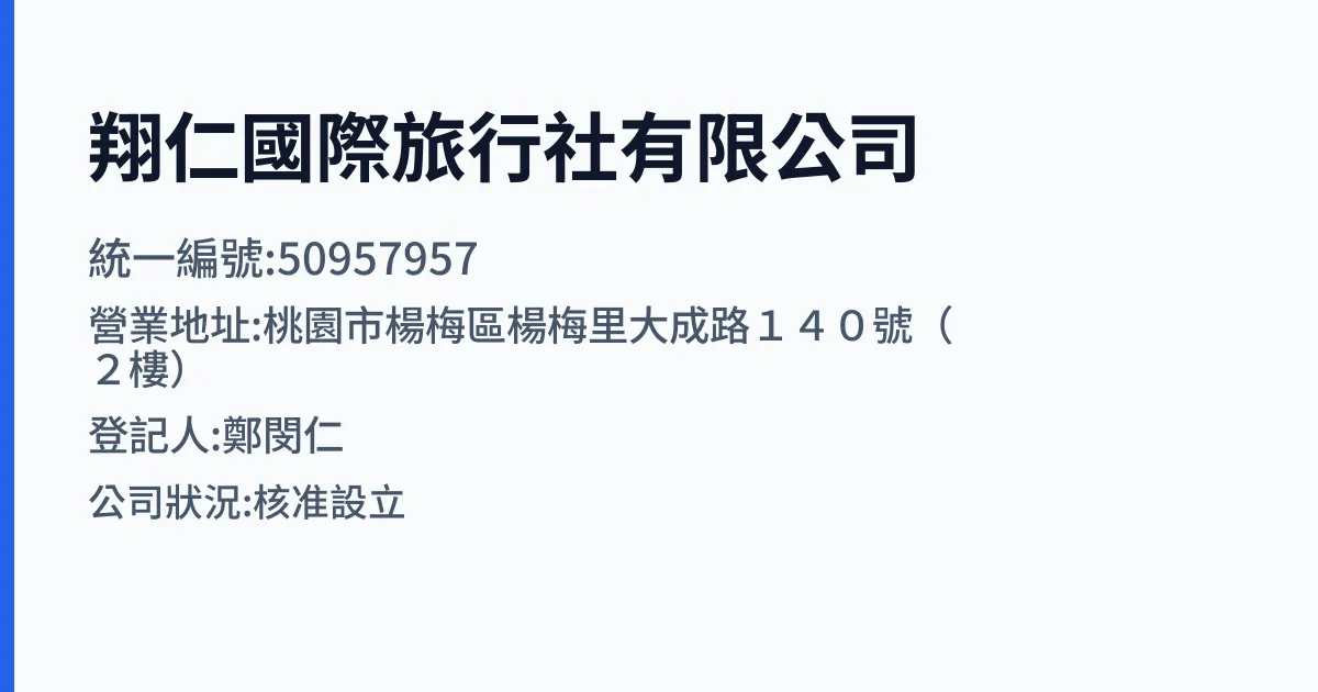翔仁國際旅行社有限公司 - 統編 50957957(桃園市) 公司登記資料與營業項目詳細圖表