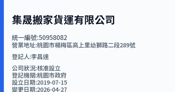 集晟搬家貨運有限公司的照片-統編 50958082(桃園市) 公司登記資料與營業項目詳細圖表