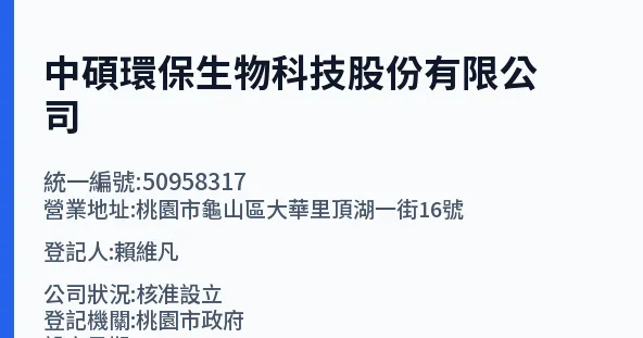 中碩環保生物科技股份有限公司的照片-統編 50958317(桃園市) 公司登記資料與營業項目詳細圖表
