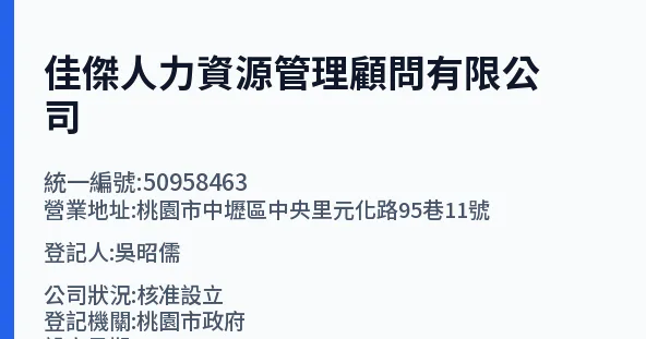 佳傑人力資源管理顧問有限公司的照片-統編 50958463(桃園市) 公司登記資料與營業項目詳細圖表