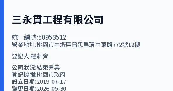 三永貫工程有限公司的照片-統編 50958512(桃園市) 公司登記資料與營業項目詳細圖表