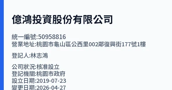 億鴻投資股份有限公司的照片-統編 50958816(桃園市) 公司登記資料與營業項目詳細圖表