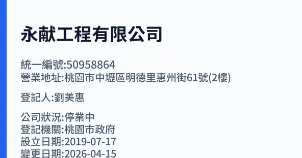 永献工程有限公司的照片-統編 50958864(桃園市) 公司登記資料與營業項目詳細圖表