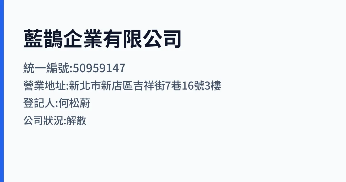 藍鵲企業有限公司 - 統編 50959147(新北市) 公司登記資料與營業項目詳細圖表