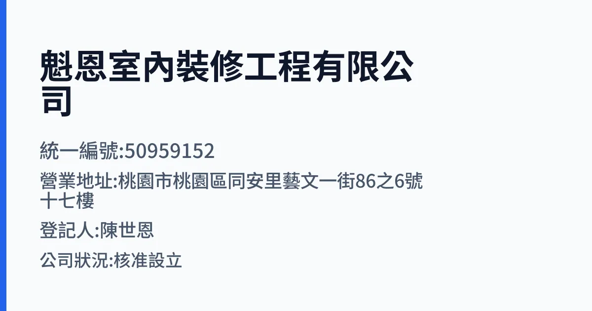 魁恩室內裝修工程有限公司 - 統編 50959152(桃園市) 公司登記資料與營業項目詳細圖表