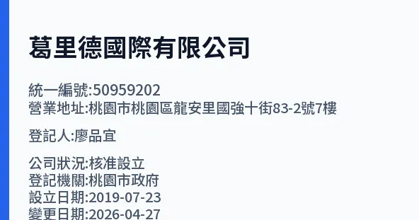 葛里德國際有限公司的照片-統編 50959202(桃園市) 公司登記資料與營業項目詳細圖表