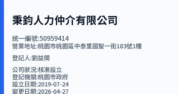 秉鈞人力仲介有限公司的照片-統編 50959414(桃園市) 公司登記資料與營業項目詳細圖表