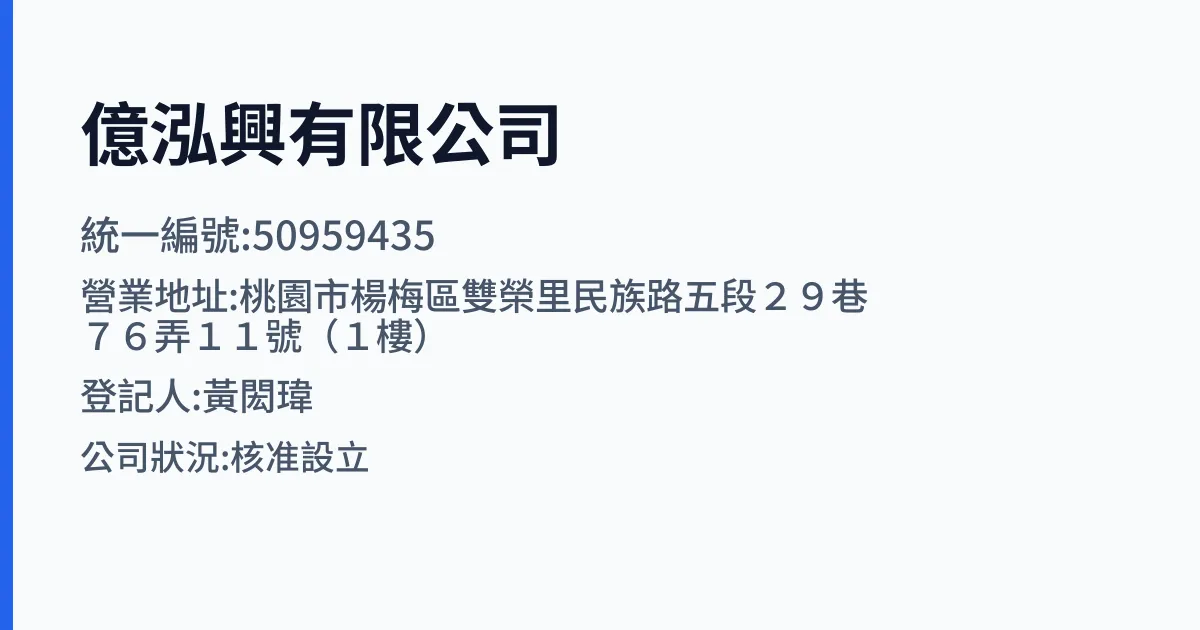 億泓興有限公司 - 統編 50959435(桃園市) 公司登記資料與營業項目詳細圖表