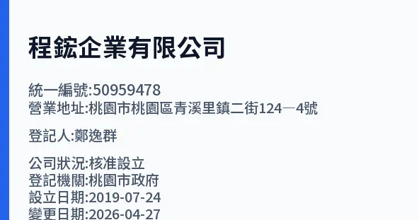 程鋐企業有限公司的照片-統編 50959478(桃園市) 公司登記資料與營業項目詳細圖表