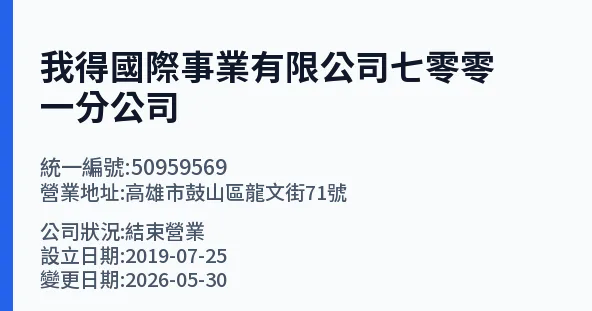 我得國際事業有限公司七零零一分公司的照片-統編 50959569(高雄市) 公司登記資料與營業項目詳細圖表
