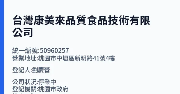 台灣康美來品質食品技術有限公司的照片-統編 50960257(桃園市) 公司登記資料與營業項目詳細圖表