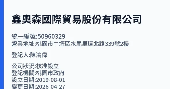 鑫奧森國際貿易股份有限公司的照片-統編 50960329(桃園市) 公司登記資料與營業項目詳細圖表