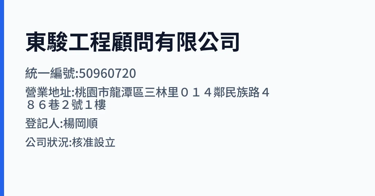 東駿工程顧問有限公司 - 統編 50960720(桃園市) 公司登記資料與營業項目詳細圖表