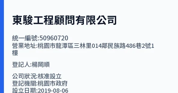 東駿工程顧問有限公司的照片-統編 50960720(桃園市) 公司登記資料與營業項目詳細圖表