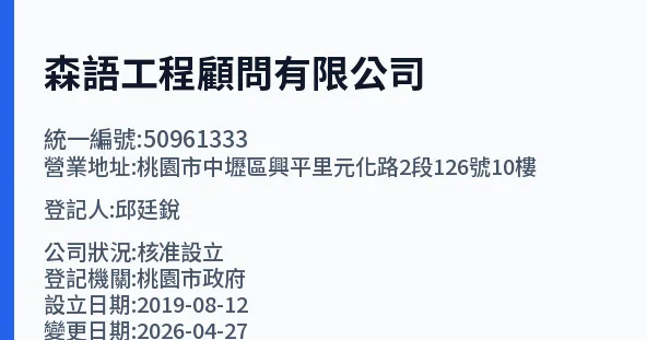 森語工程顧問有限公司的照片-統編 50961333(桃園市) 公司登記資料與營業項目詳細圖表