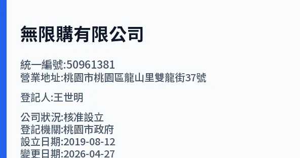 無限購有限公司的照片-統編 50961381(桃園市) 公司登記資料與營業項目詳細圖表