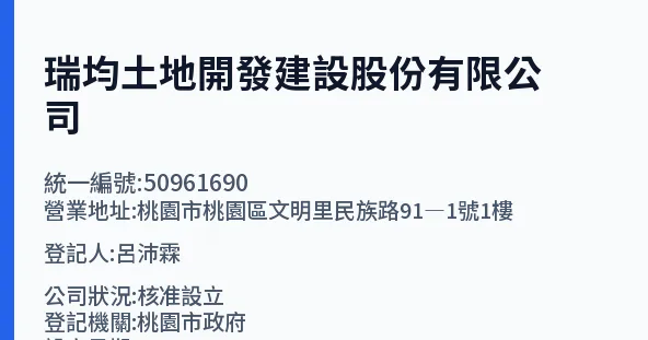 瑞均土地開發建設股份有限公司的照片-統編 50961690(桃園市) 公司登記資料與營業項目詳細圖表