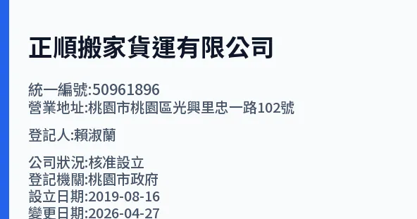 正順搬家貨運有限公司的照片-統編 50961896(桃園市) 公司登記資料與營業項目詳細圖表