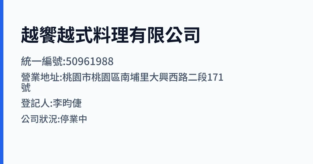 越饗越式料理有限公司 - 統編 50961988(桃園市) 公司登記資料與營業項目詳細圖表