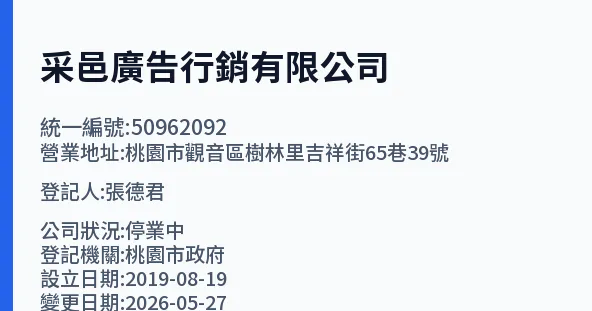 采邑廣告行銷有限公司的照片-統編 50962092(桃園市) 公司登記資料與營業項目詳細圖表