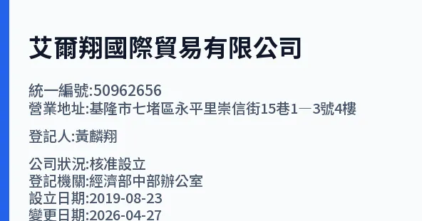 艾爾翔國際貿易有限公司的照片-統編 50962656(基隆市) 公司登記資料與營業項目詳細圖表