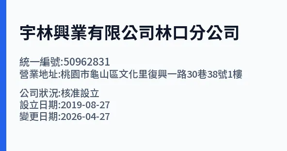宇林興業有限公司林口分公司的照片-統編 50962831(桃園市) 公司登記資料與營業項目詳細圖表