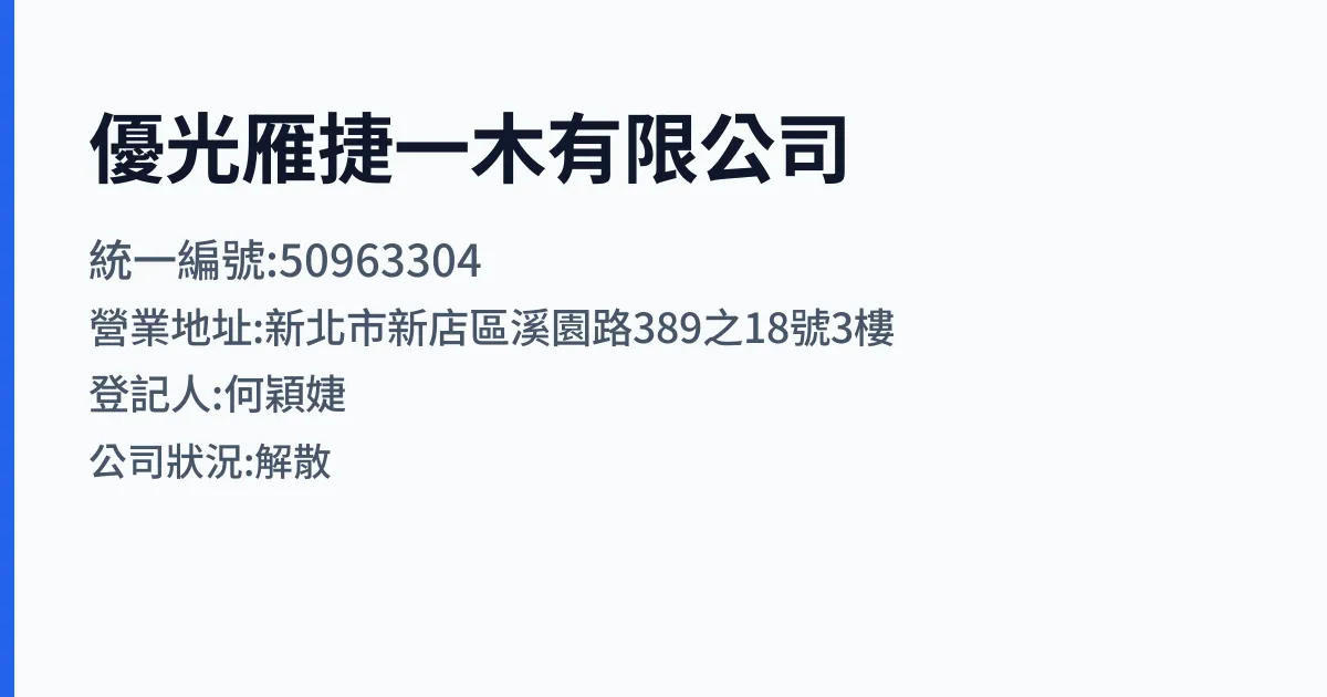 優光雁捷一木有限公司 - 統編 50963304(新北市) 公司登記資料與營業項目詳細圖表