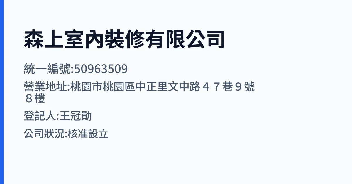 森上室內裝修有限公司 - 統編 50963509(桃園市) 公司登記資料與營業項目詳細圖表