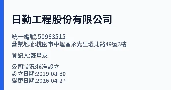 日勤工程股份有限公司的照片-統編 50963515(桃園市) 公司登記資料與營業項目詳細圖表
