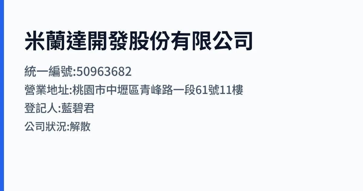 米蘭達開發股份有限公司 - 統編 50963682(桃園市) 公司登記資料與營業項目詳細圖表