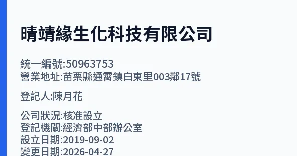 晴靖緣生化科技有限公司的照片-統編 50963753(苗栗縣) 公司登記資料與營業項目詳細圖表