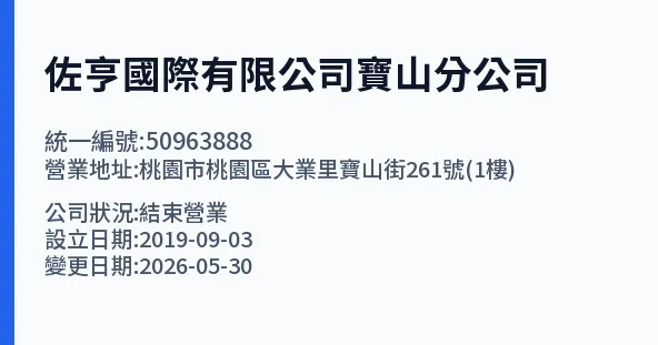 佐亨國際有限公司寶山分公司的照片-統編 50963888(桃園市) 公司登記資料與營業項目詳細圖表