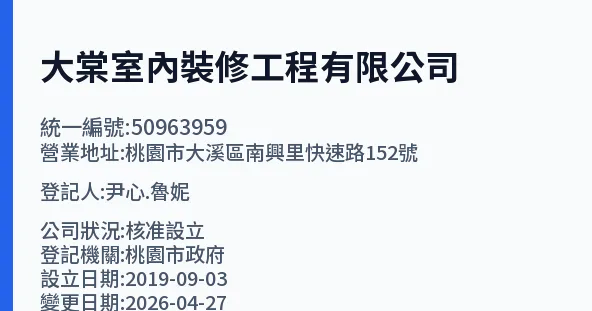 大棠室內裝修工程有限公司的照片-統編 50963959(桃園市) 公司登記資料與營業項目詳細圖表