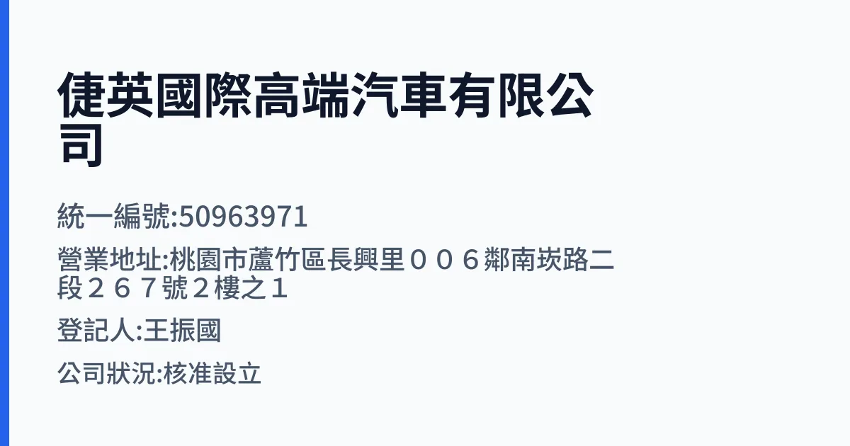 倢英國際高端汽車有限公司 - 統編 50963971(桃園市) 公司登記資料與營業項目詳細圖表