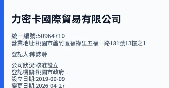 力密卡國際貿易有限公司的照片-統編 50964710(桃園市) 公司登記資料與營業項目詳細圖表