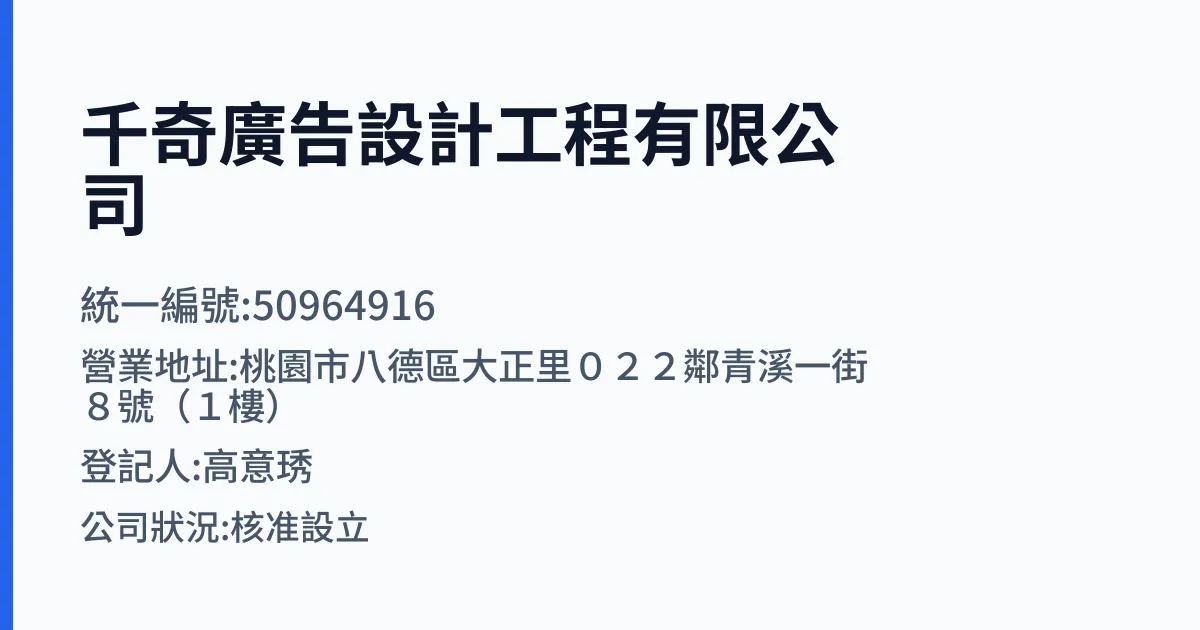 千奇廣告設計工程有限公司 - 統編 50964916(桃園市) 公司登記資料與營業項目詳細圖表