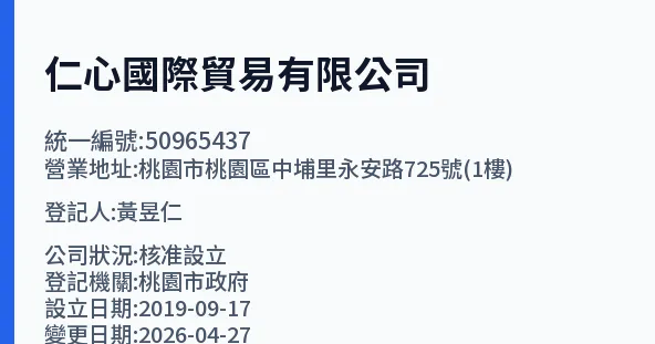 仁心國際貿易有限公司的照片-統編 50965437(桃園市) 公司登記資料與營業項目詳細圖表