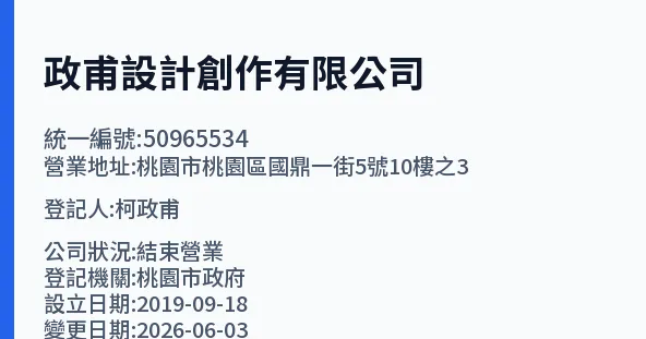政甫設計創作有限公司的照片-統編 50965534(桃園市) 公司登記資料與營業項目詳細圖表