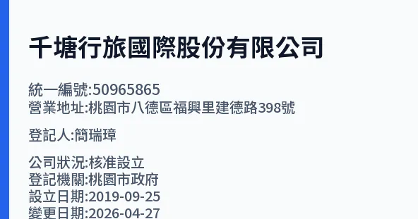 千塘行旅國際股份有限公司的照片-統編 50965865(桃園市) 公司登記資料與營業項目詳細圖表