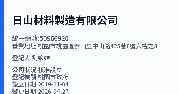 日山材料製造有限公司的照片-統編 50966920(桃園市) 公司登記資料與營業項目詳細圖表