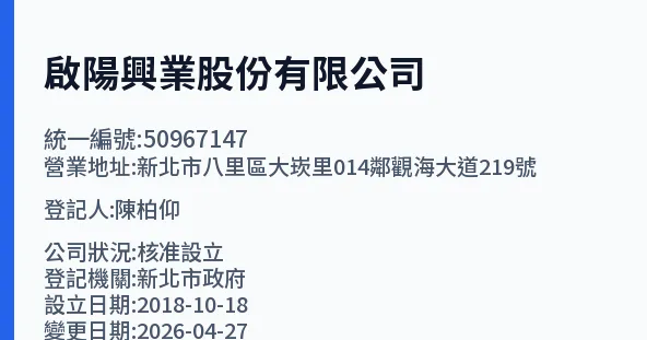 啟陽興業股份有限公司的照片-統編 50967147(新北市) 公司登記資料與營業項目詳細圖表
