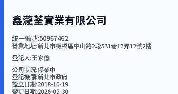鑫瀧荃實業有限公司的照片-統編 50967462(新北市) 公司登記資料與營業項目詳細圖表