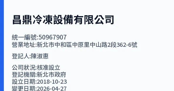 昌鼎冷凍設備有限公司的照片-統編 50967907(新北市) 公司登記資料與營業項目詳細圖表