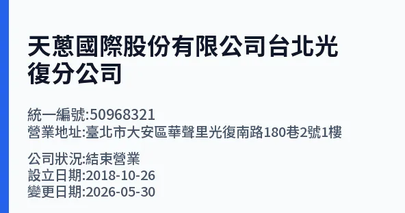 天蔥國際股份有限公司台北光復分公司的照片-統編 50968321(臺北市) 公司登記資料與營業項目詳細圖表