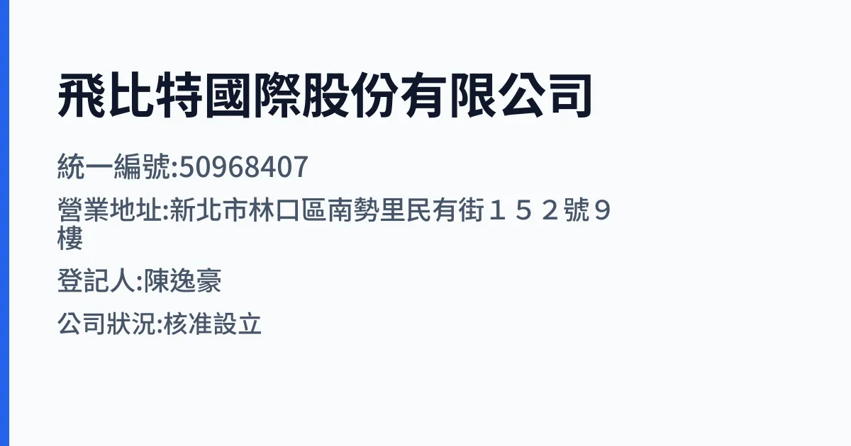 飛比特國際股份有限公司 - 統編 50968407(新北市) 公司登記資料與營業項目詳細圖表