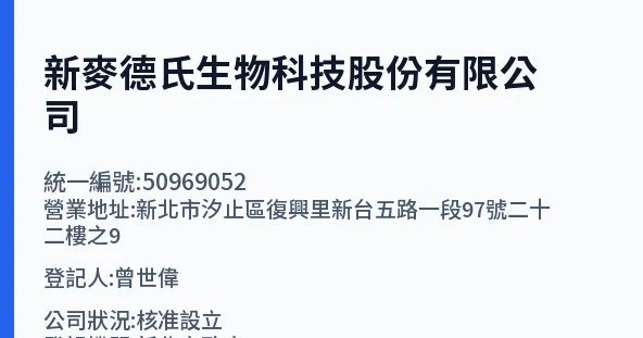 新麥德氏生物科技股份有限公司的照片-統編 50969052(新北市) 公司登記資料與營業項目詳細圖表