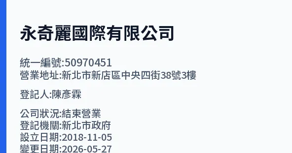 永奇麗國際有限公司的照片-統編 50970451(新北市) 公司登記資料與營業項目詳細圖表